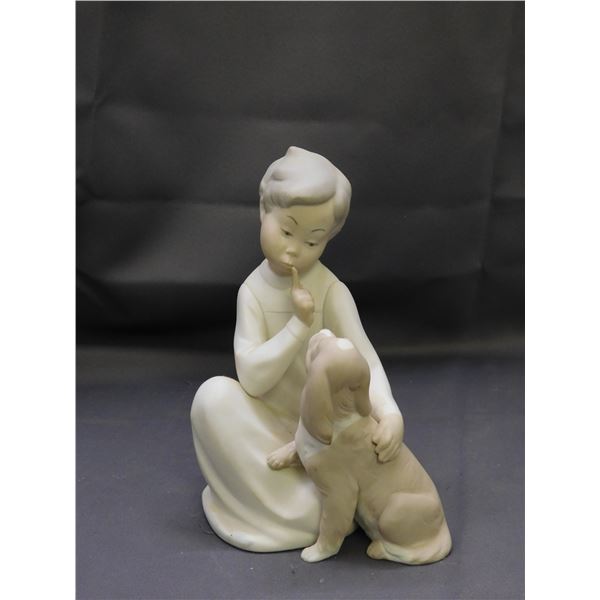 Lladro Boy Shushing Dog Fine Porcelain Statue Made in Spain