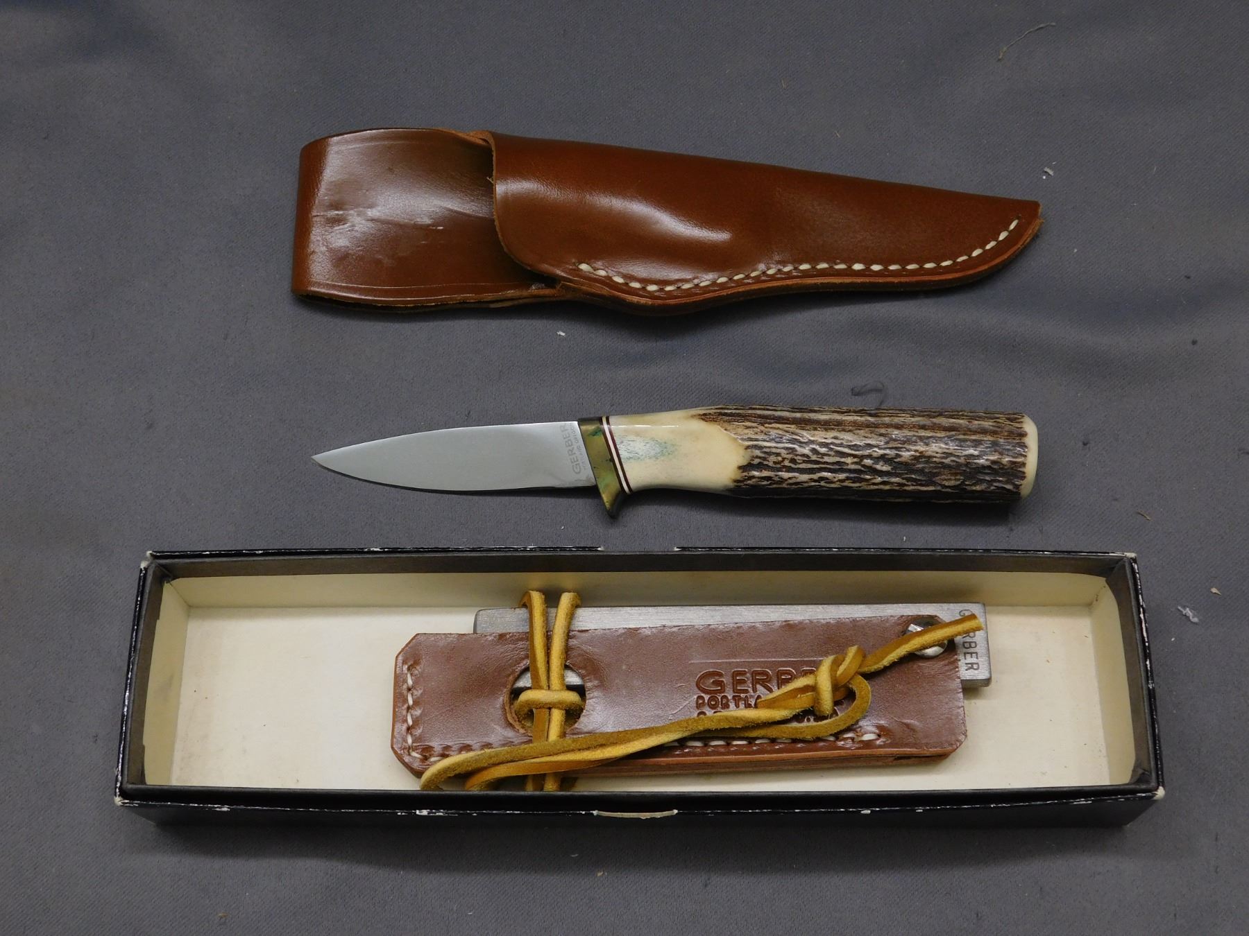 Gerber Custom Stag Handle Hunting Knife in Leather Sheath with ...