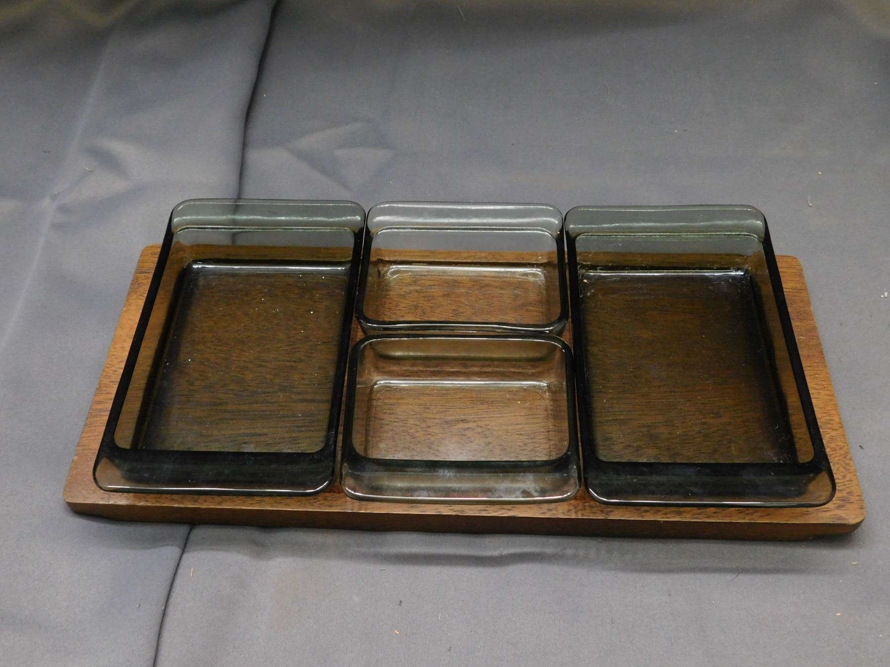 Vintage MCM Smokey Glass Teak Serving Tray, 4 Glass Trays