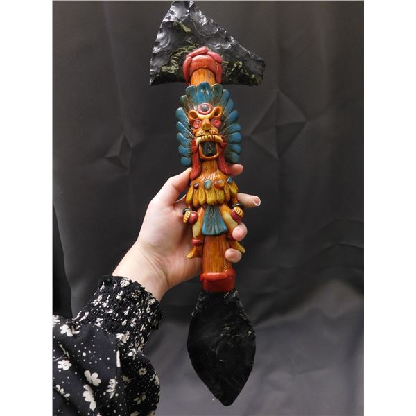 Folk Tribal 18" Arrow Head Axe Figural Man Rattler Mexican?