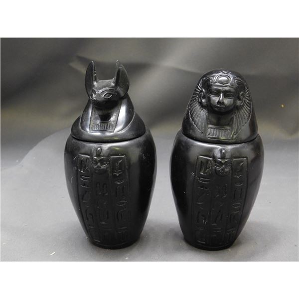 Pair of Egyptian Black Mini Urns Anubis and Pharaoh