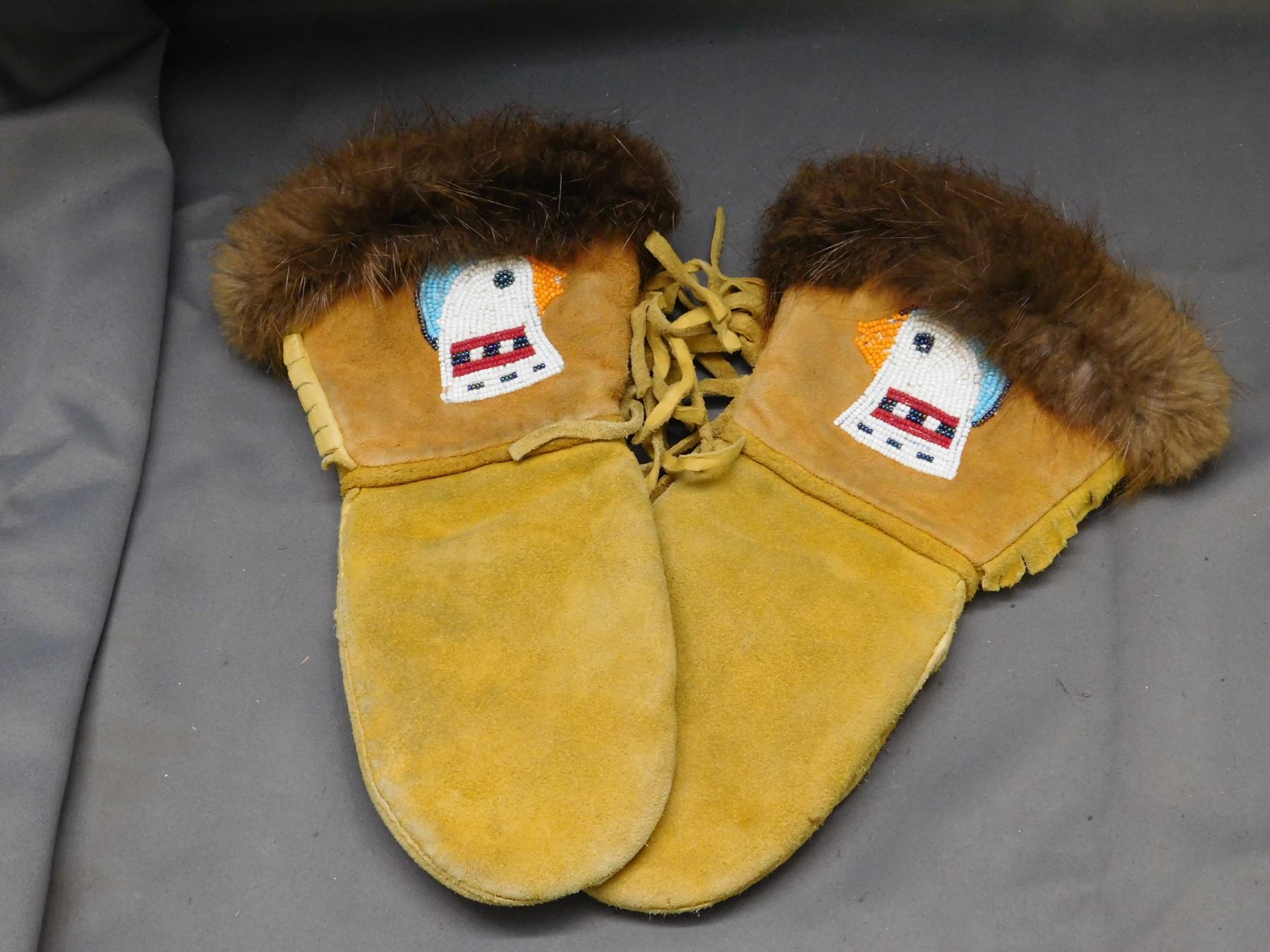Lot of Aboriginal Beadwork Leather and Fur Gauntlets Mittens