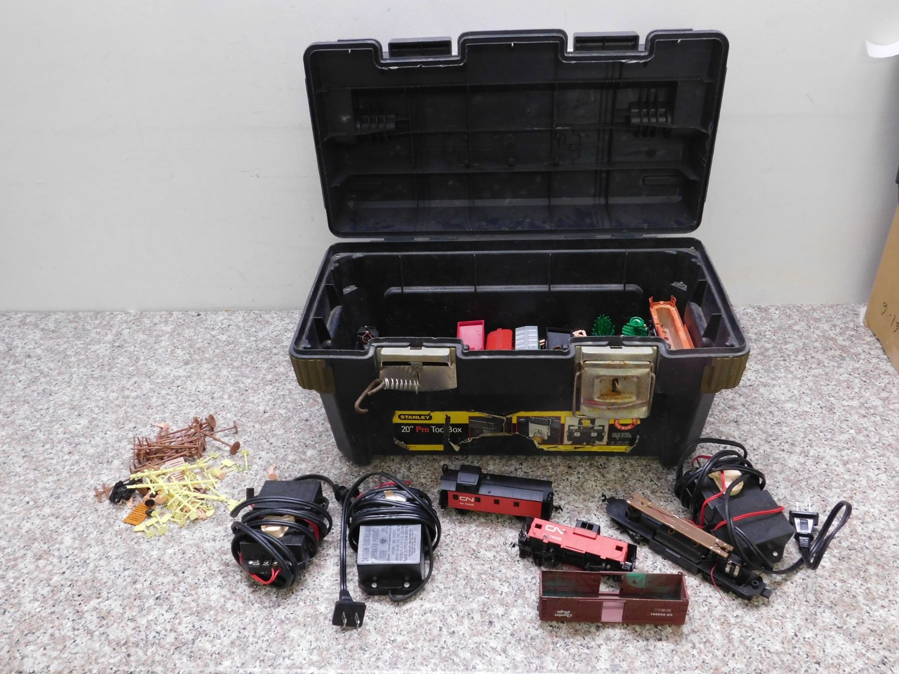 Stanley Tool Box FULL of HO Trains, Carts, Parts Pieces, Scenery, Etc