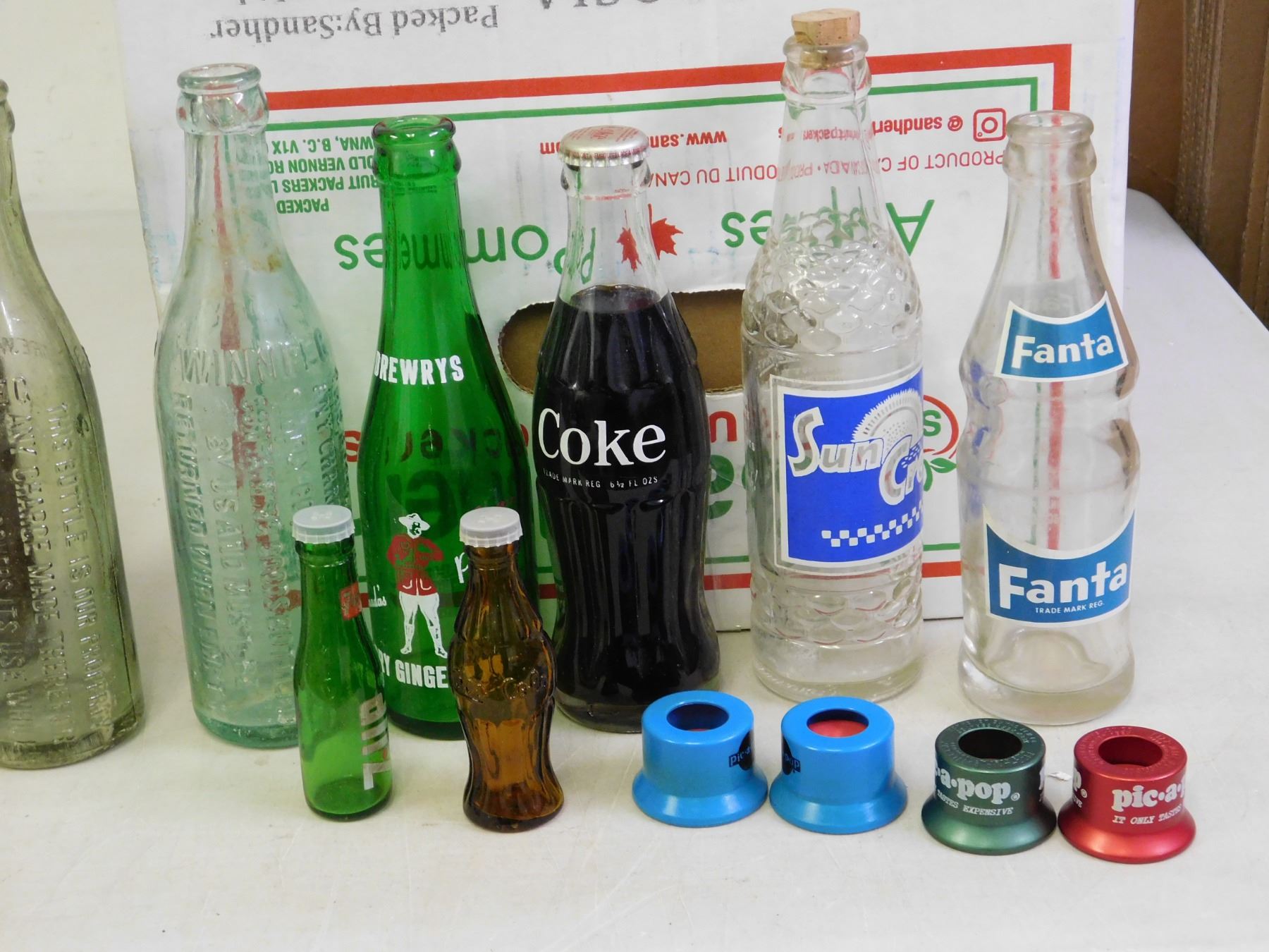 Apple Box FULL of Vintage Soda Pop Bottles Coke, Panta, Crush, Suncrest ...