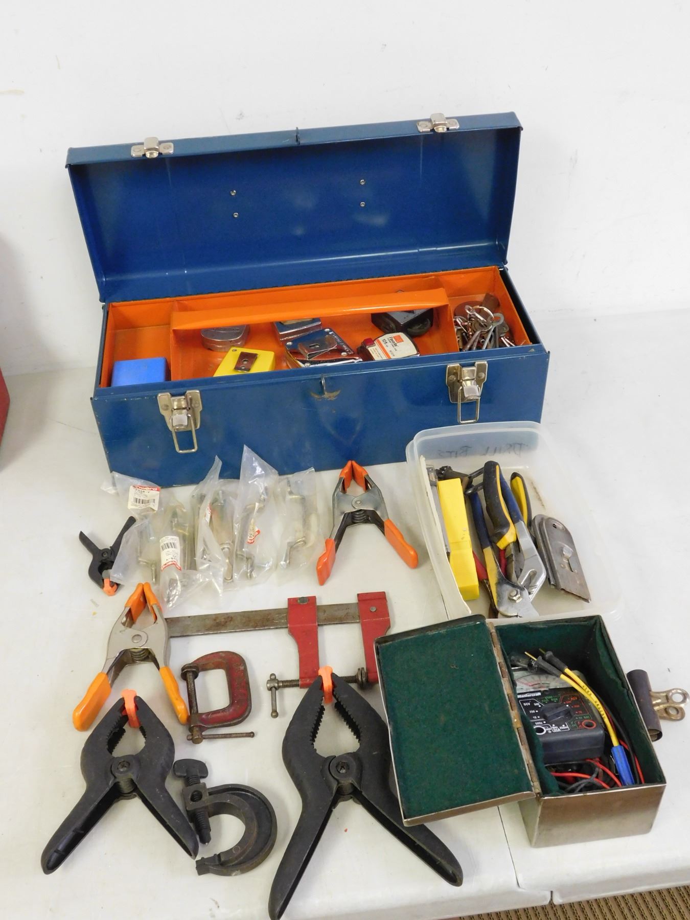 Tool Box Full of Misc Tools, Clamps, Measuring Tape, Etc