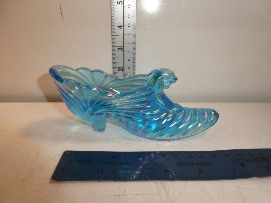 Vintage Fenton Blue Iridescent Glass Shoe