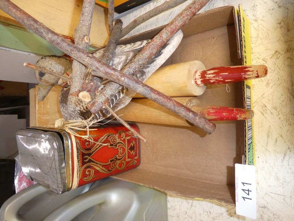 wooden rolling pins, vintage tin, duck figurine