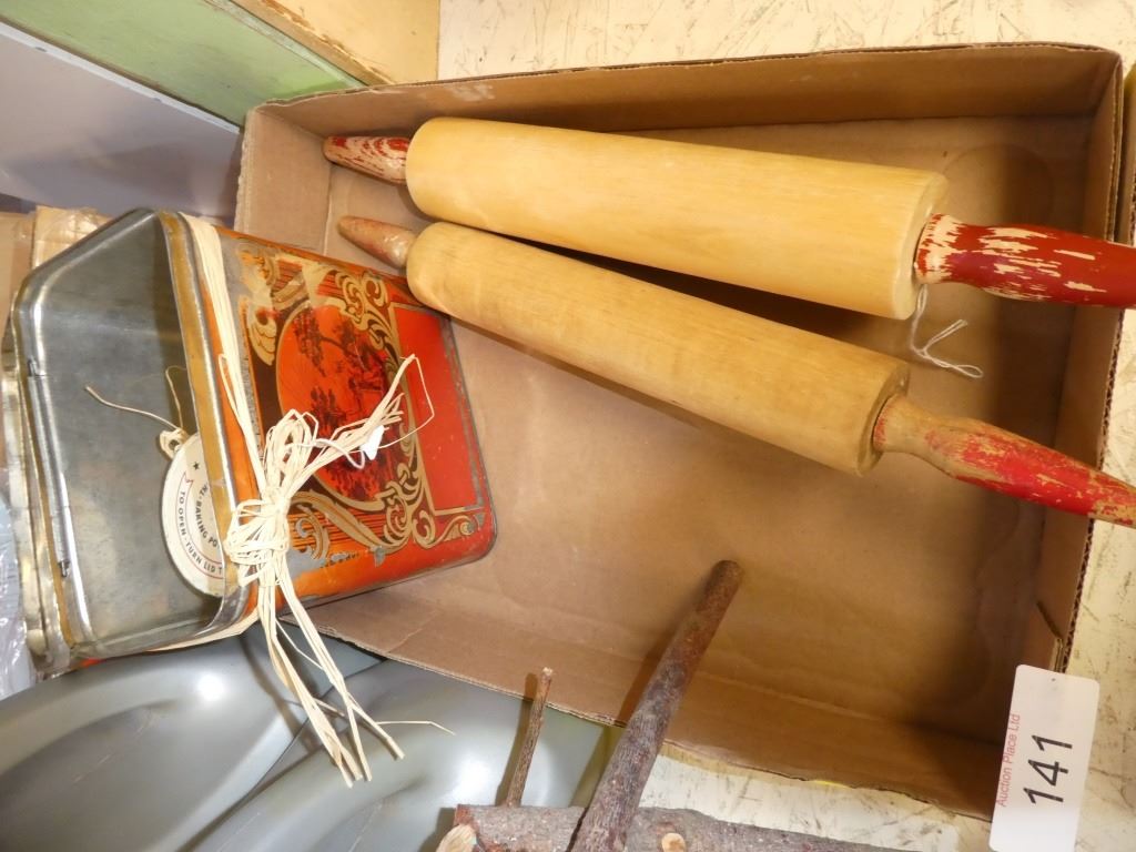 wooden rolling pins, vintage tin, duck figurine