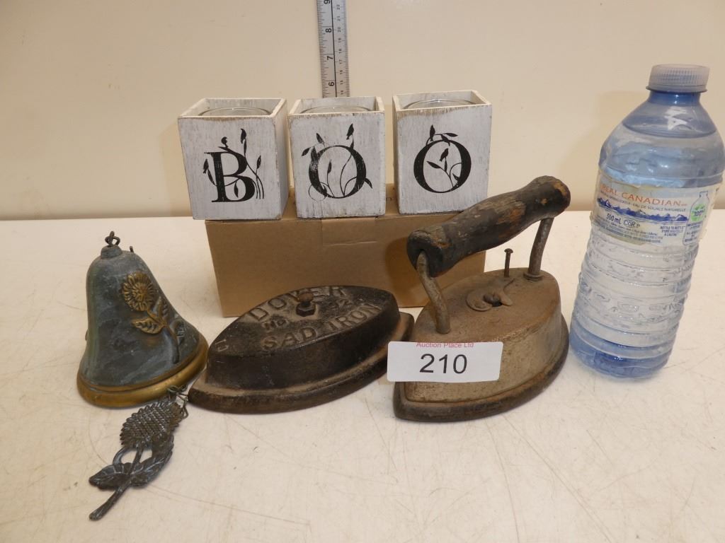 metal bell, antique irons, decorative "BOO"