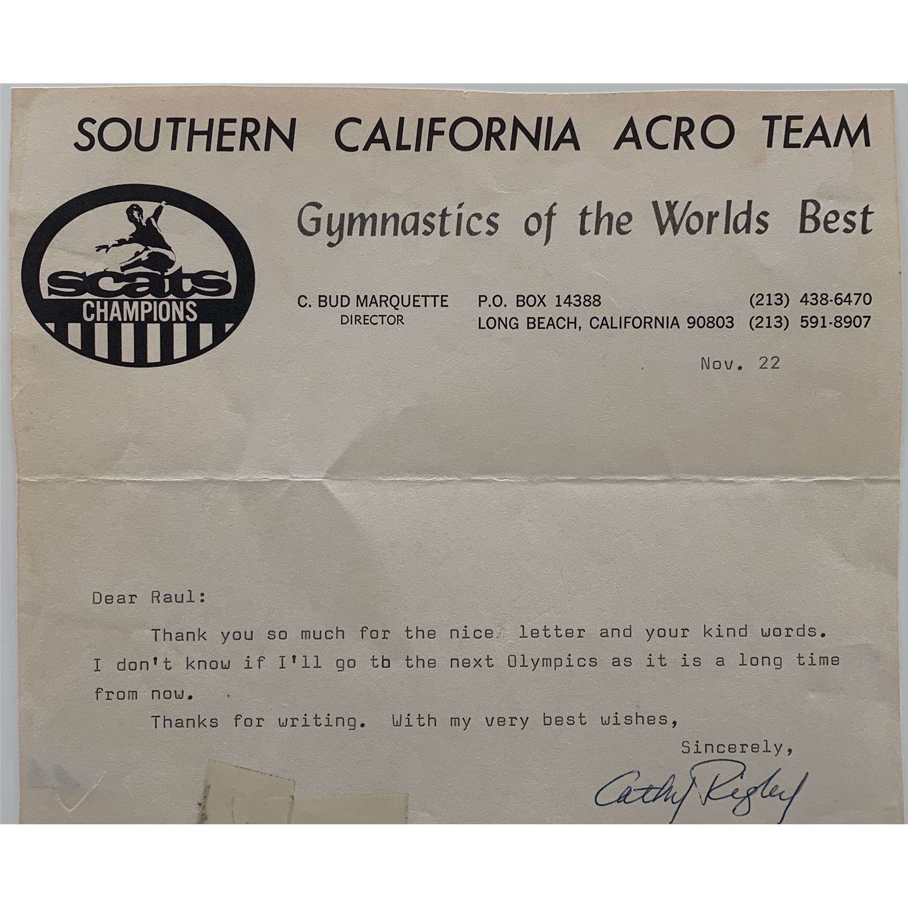 Cathy Rigby signed letter