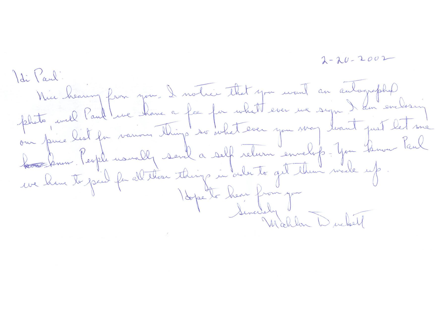 Mahlon Duckett signed note