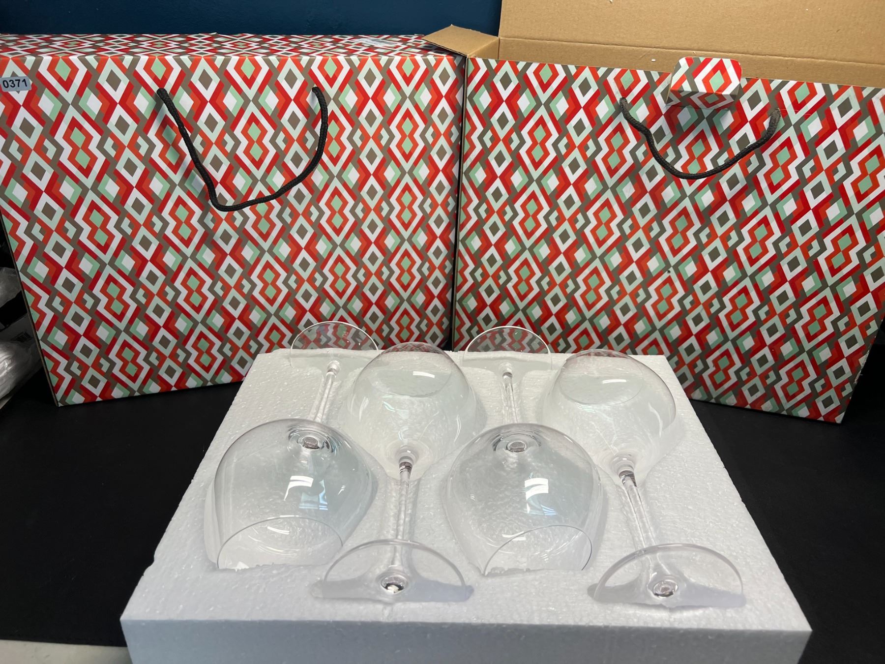 Lot of 2 Boxes of Slanted Wine Glasses - 4 per box/8 Glasses Total