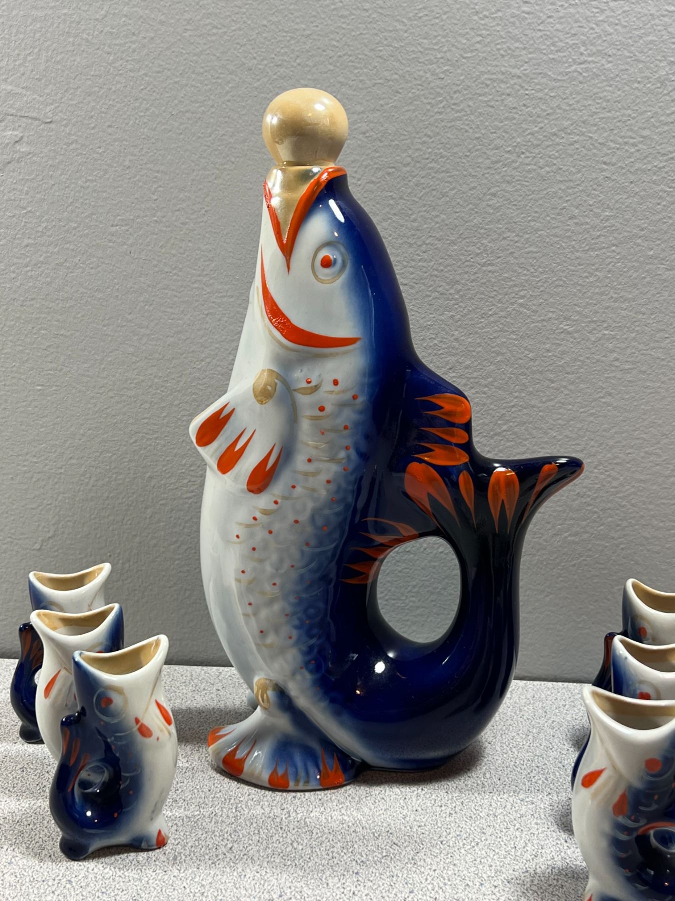 Vintage Blue Fish Decanter & 6 Shot Glasses - Ceramic - Decanter 10.5"T