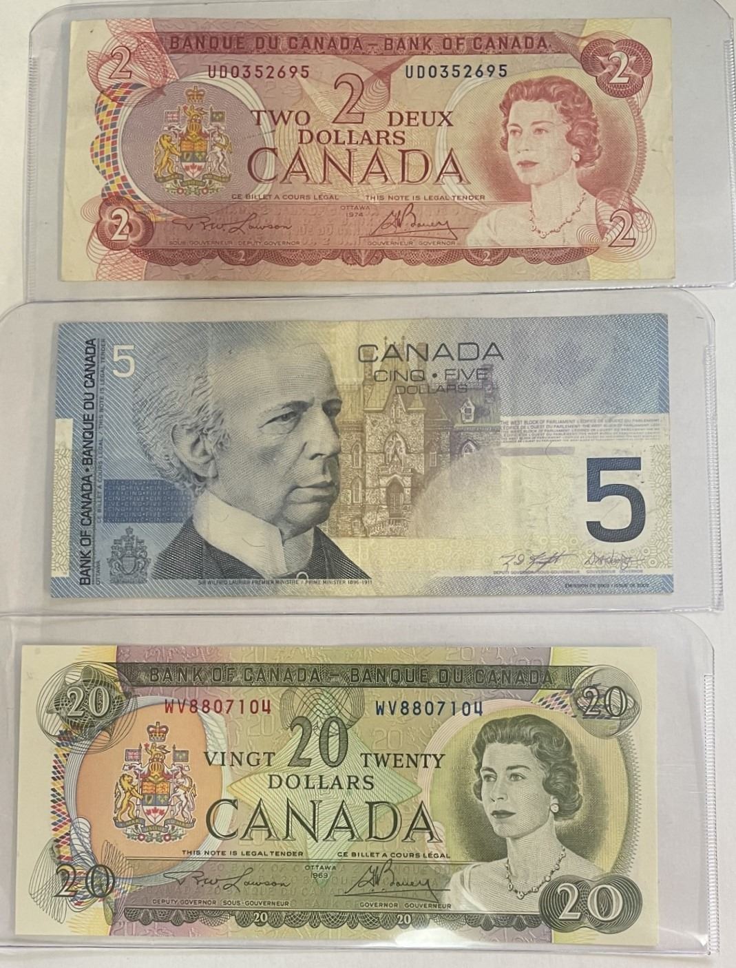 1974 Two Dollar Bill, 2002 Five Dollar Bill, 1969 Twenty Dollar Bill