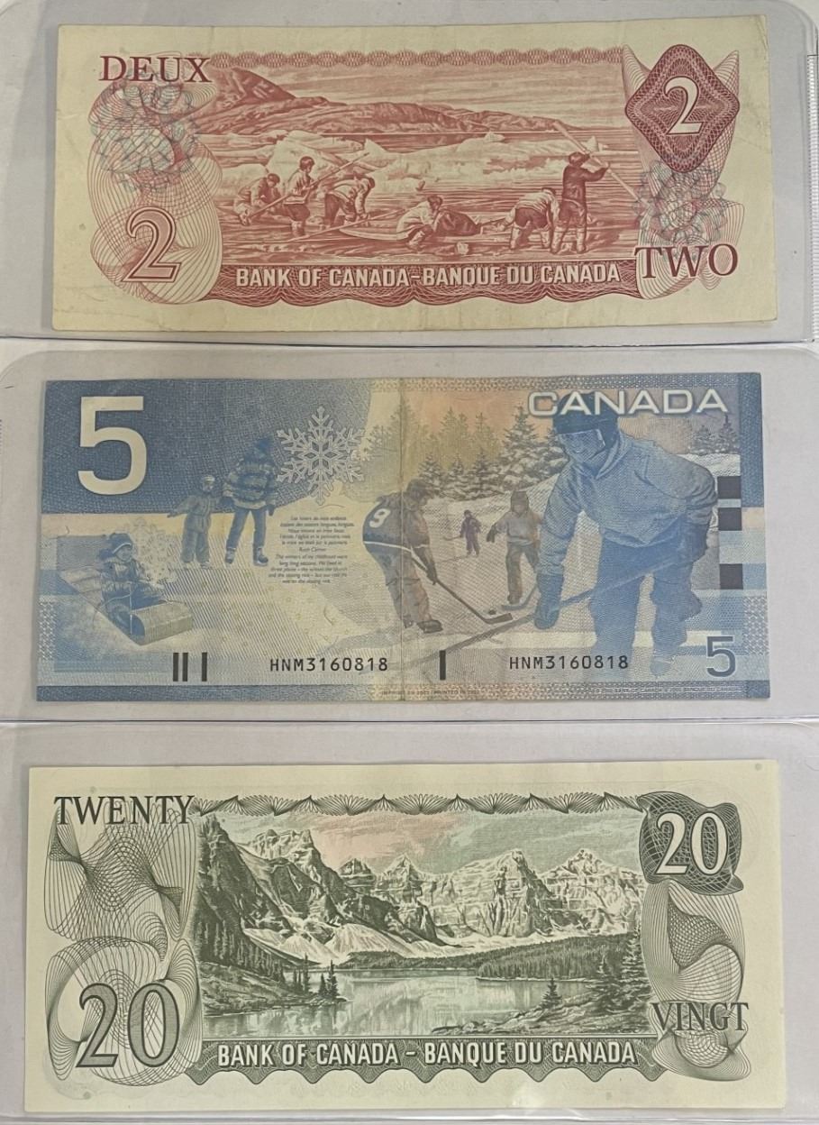 1974 Two Dollar Bill, 2002 Five Dollar Bill, 1969 Twenty Dollar Bill