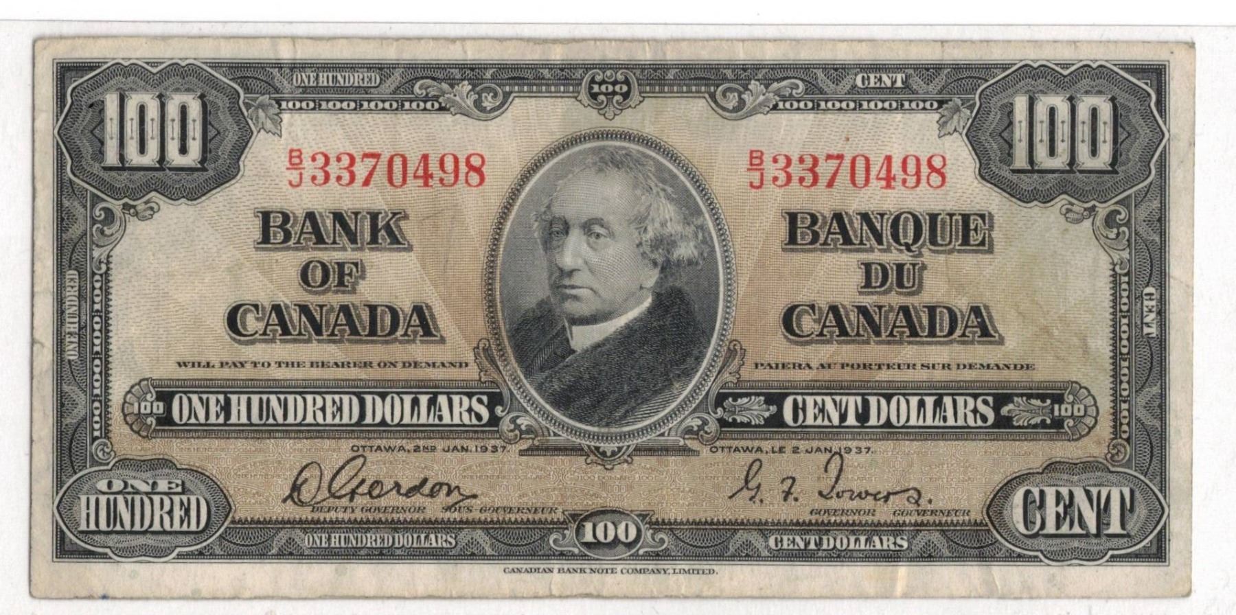 1937 One Hundred Dollar Bill , Canadian BoC 1937 One Hundred Dollar Bill , Canadian BoC