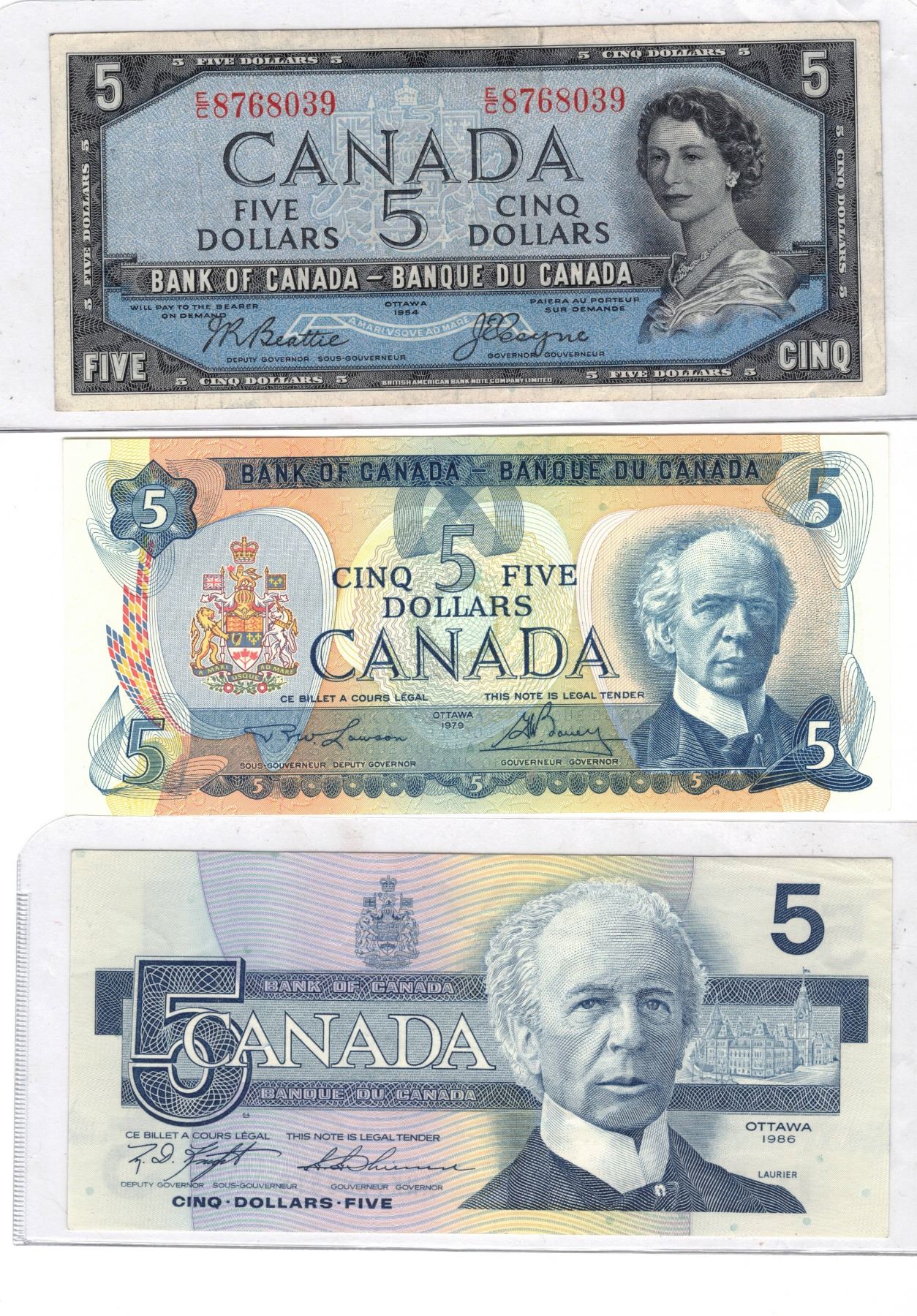 THREE Five Dollar Canadian Bills 1954DF , 1979 and 1986