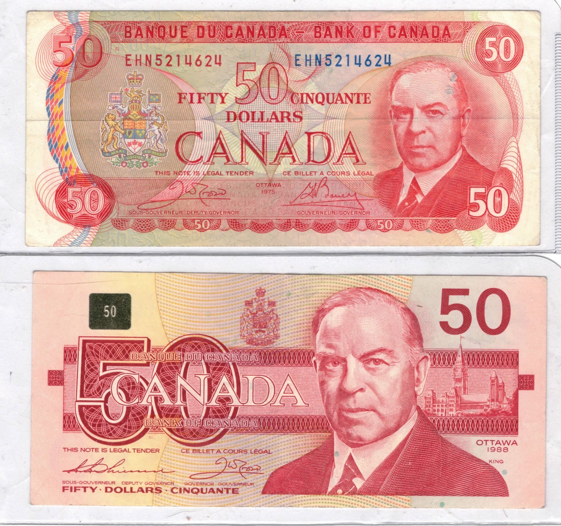 TWO Fifty Dollar Canadian Bills , 1975 and 1988