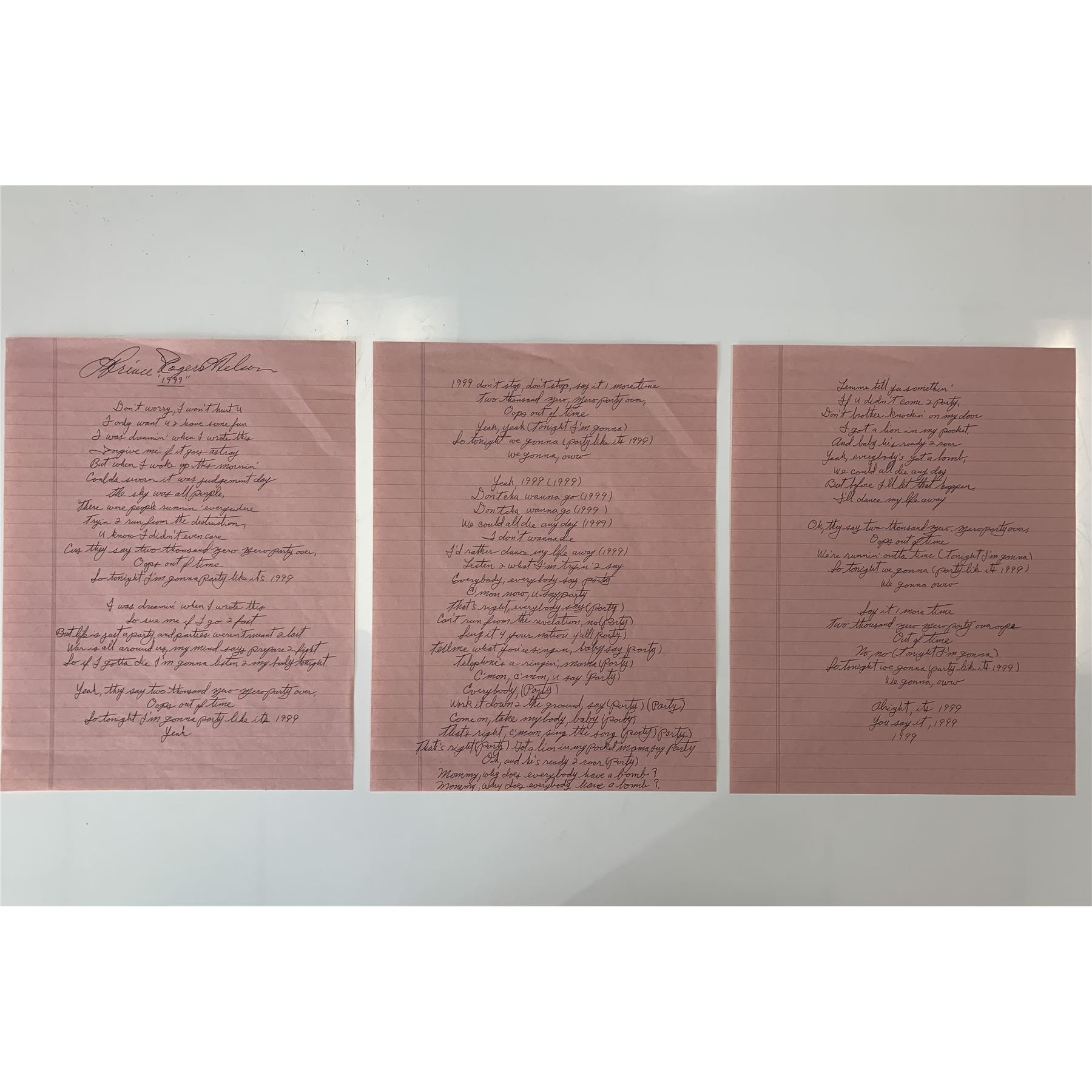 Prince 1999 handwritten and signed lyrics. GFA authenticated