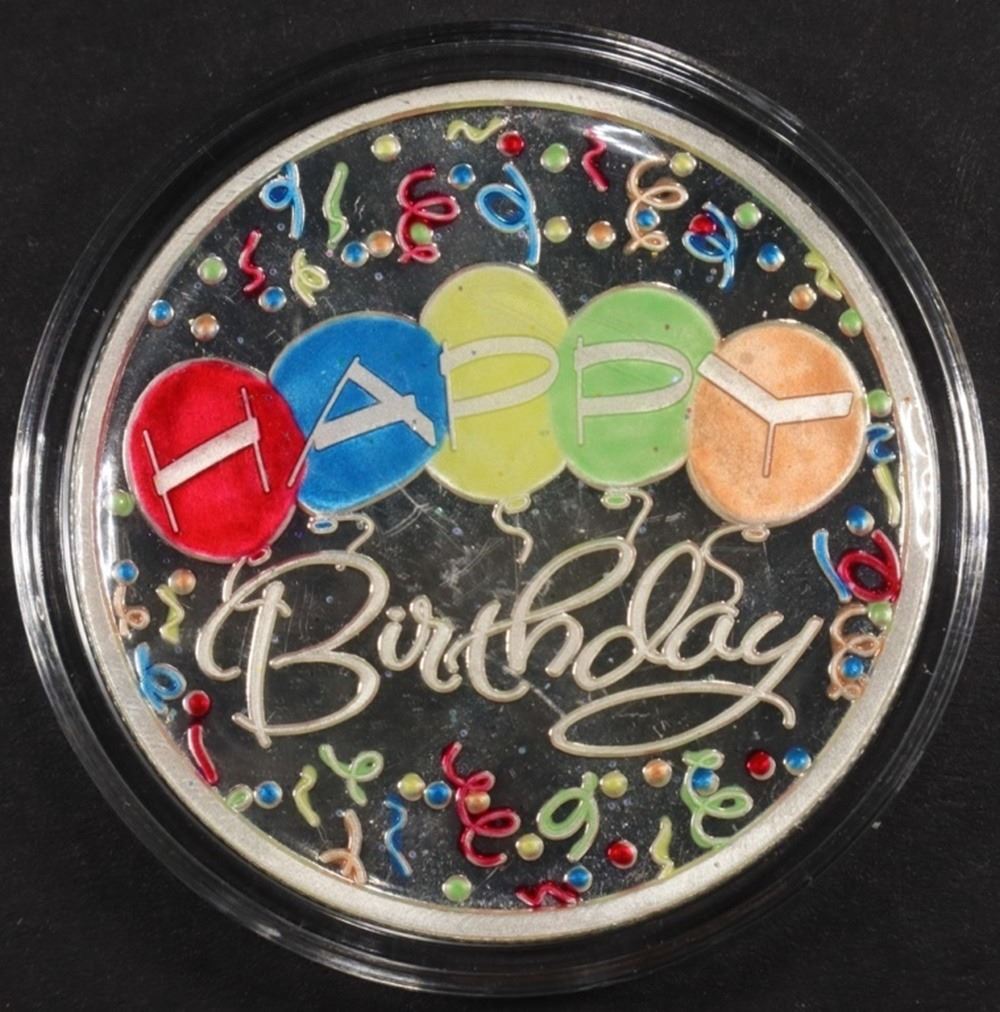 ONE OZ .999 ENAMELED HAPPY BIRTHDAY SILVER ROUND
