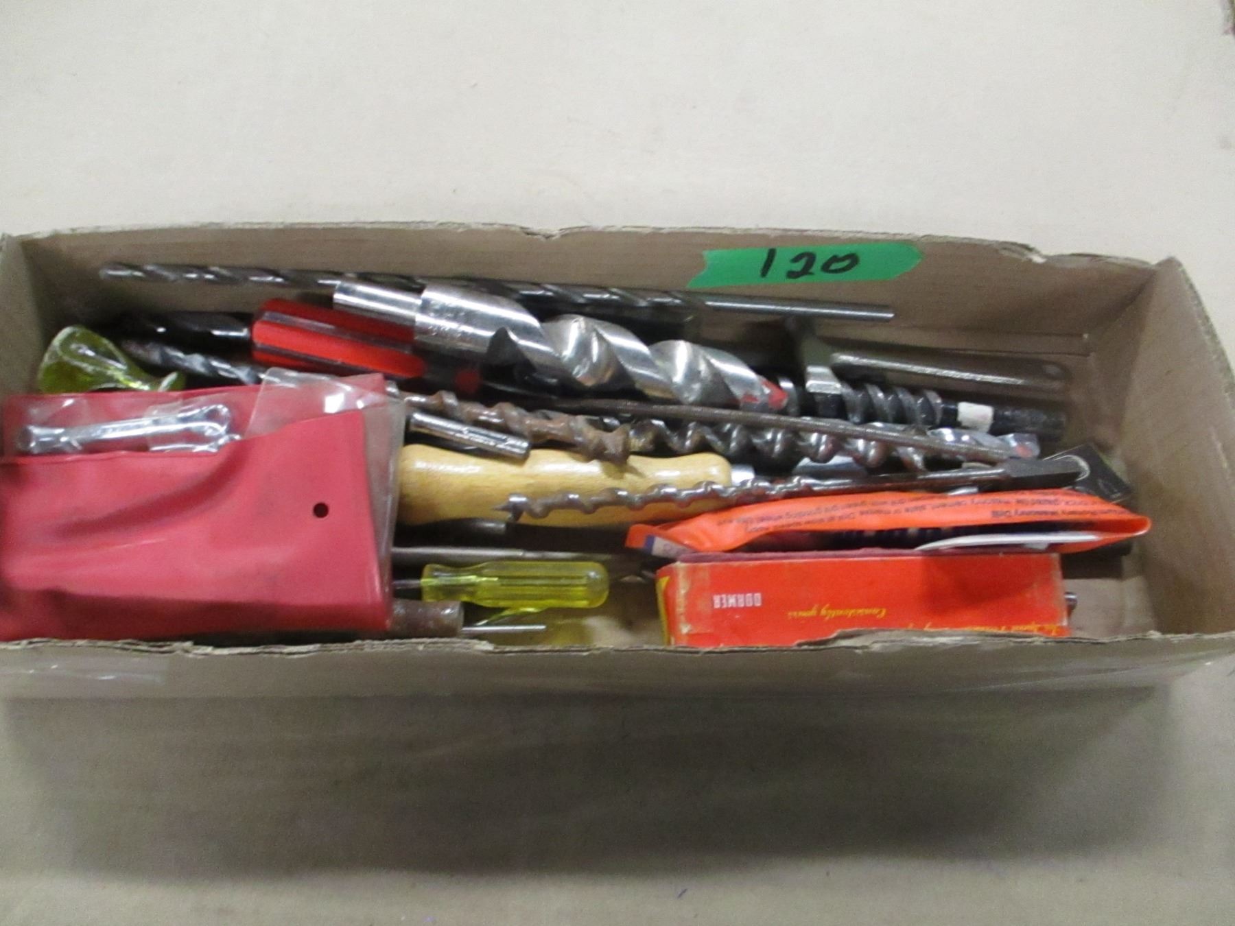 FLAT C/W ASSORTED ENGLISH DRILL BITS, TOOLS, ETC