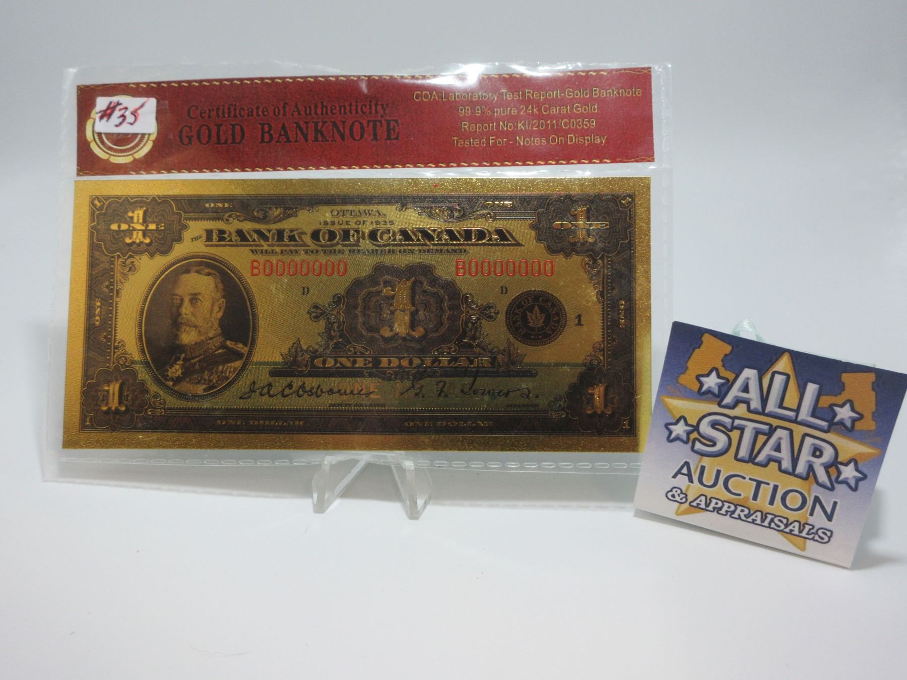 1935 BANK OF CANADA GOLD BANK NOTE (NOT NEGOTIABLE) C/W CERTIFICATE OF ...