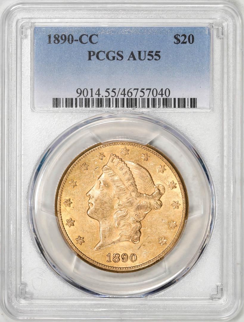 1890-CC $20 Liberty Head Double Eagle Gold Coin PCGS AU55