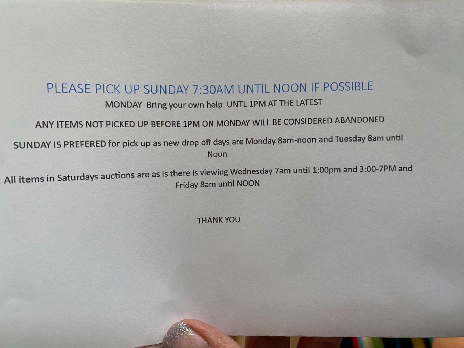 Pick up Sunday 7:30am until Noon