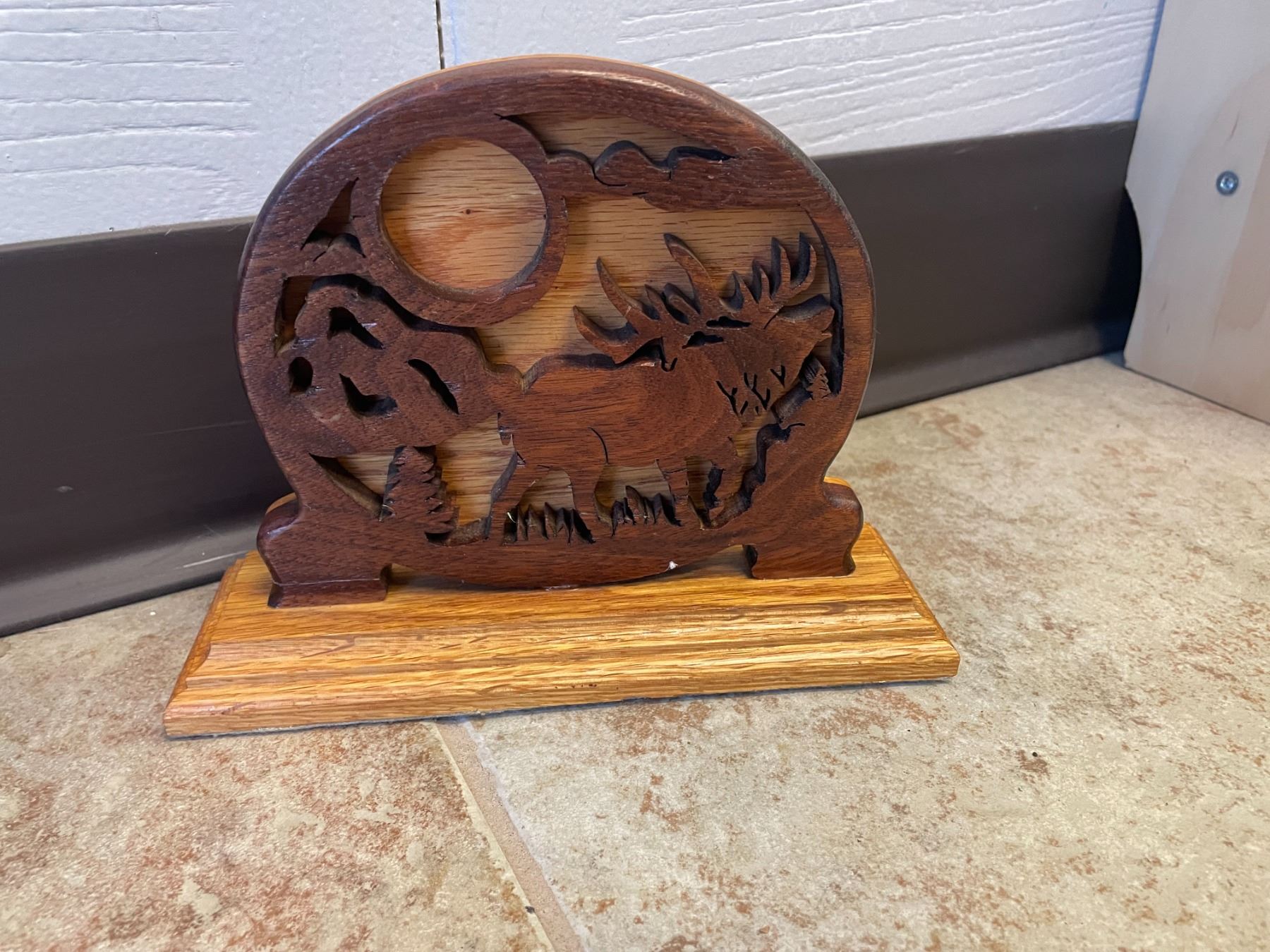 Moose and the moon , Wood Scroll Saw Art for Desk or Mantel