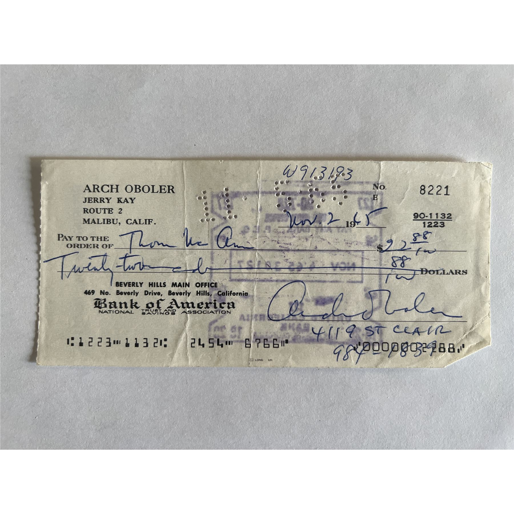 Arch Oboler signed check