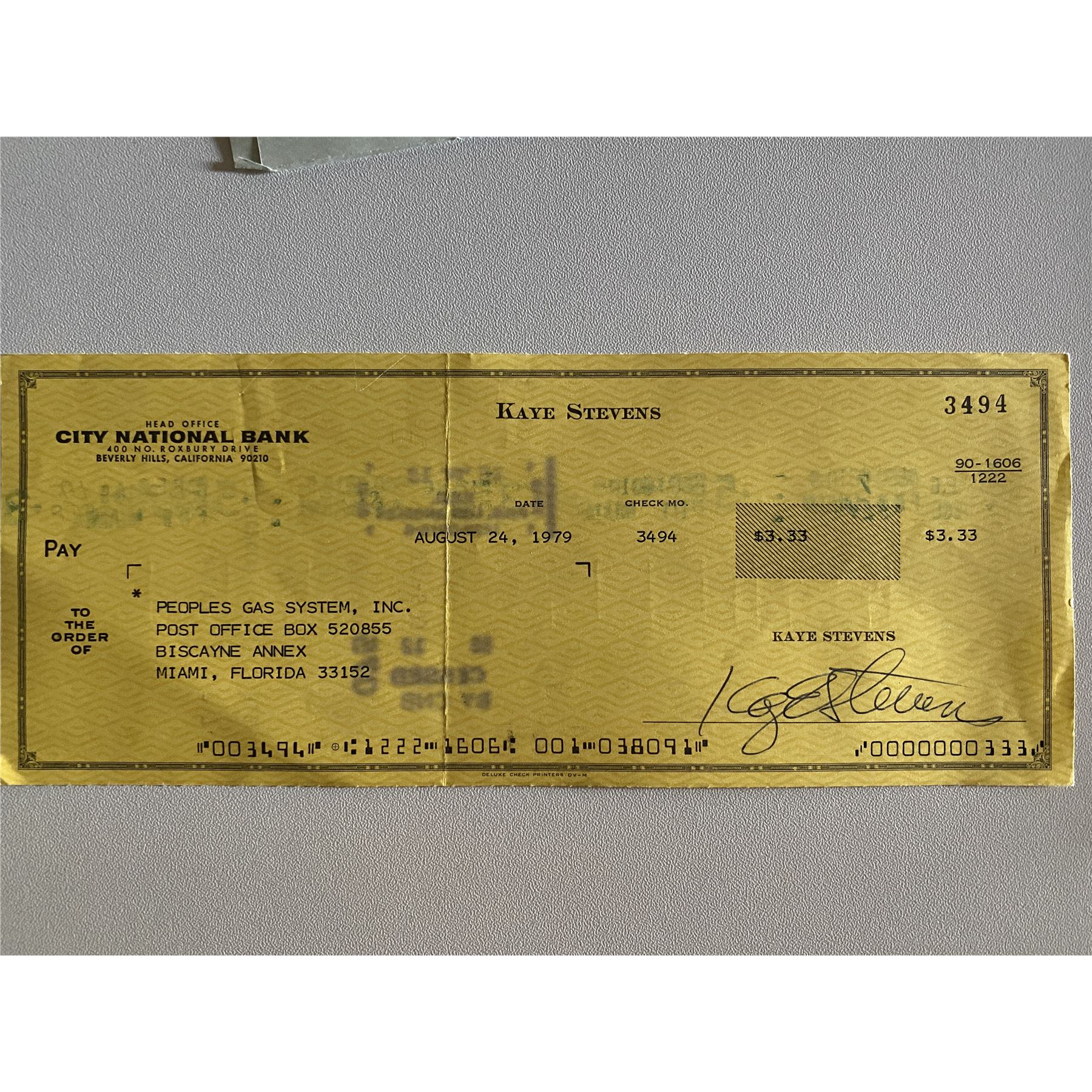 Kaye Stevens signed check