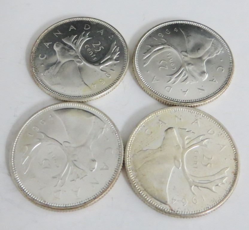 4 Canadian Silver Quarters 1964