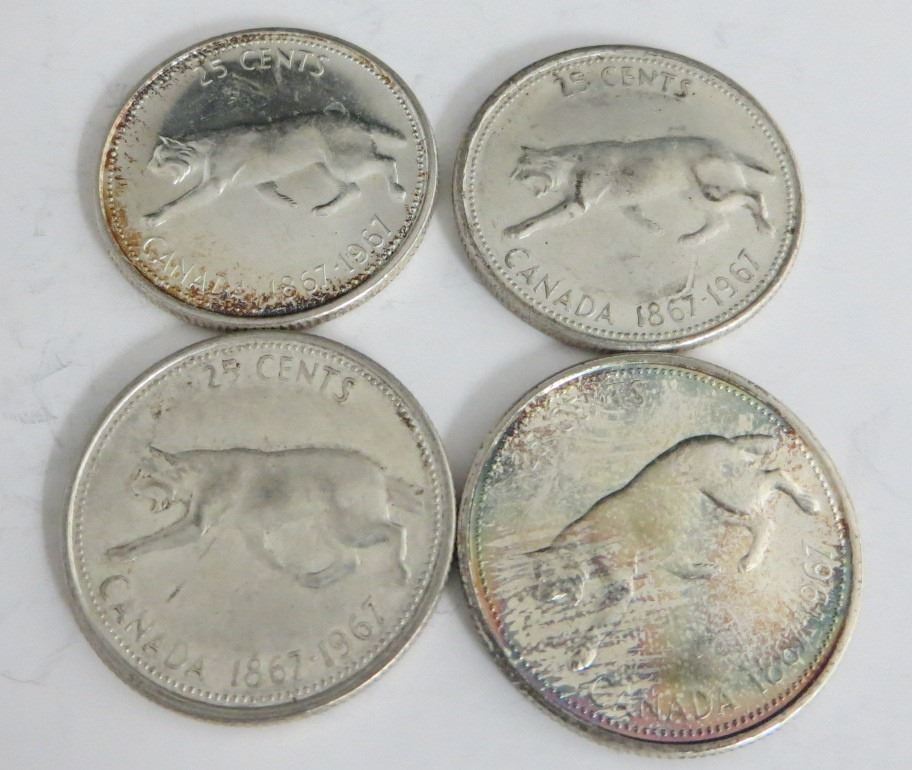 4 Canadian Silver Quarters 1967
