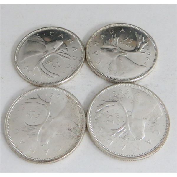 4 Canadian Silver Quarters 1964