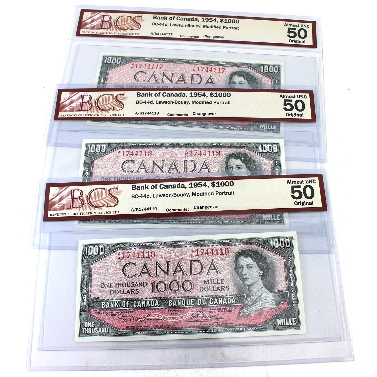 BC-44d 1954 $1000 3xConsecutive BCS Certified AU50 Original Lawson ...