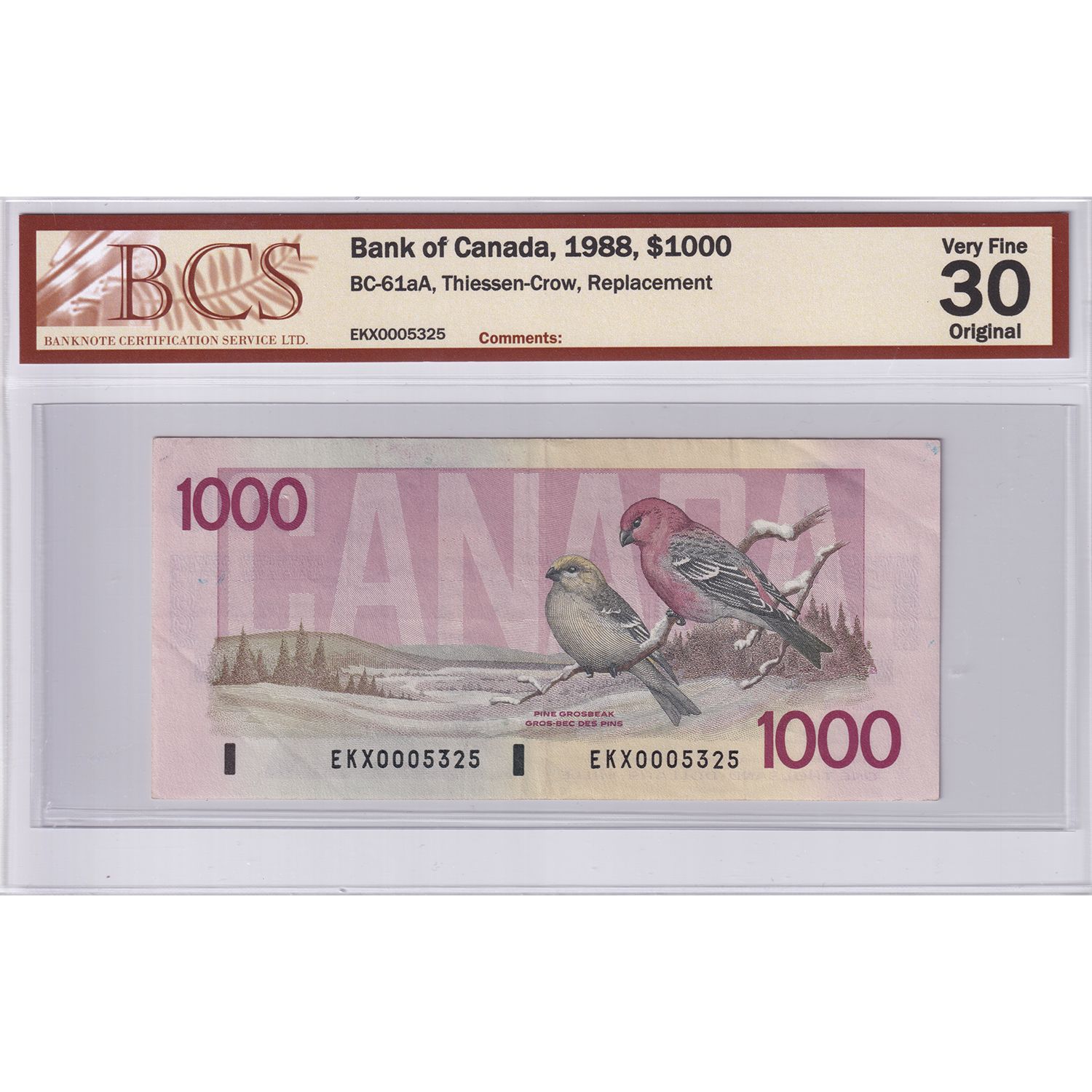 BC-61aA 1988 $1000 BCS VF30 Original Thiessen-Crow Replacement SN:EKX0005325