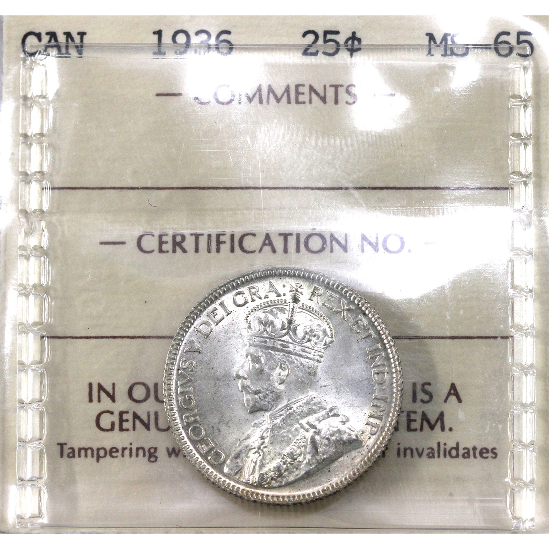 25-cent 1936 ICCS MS65. Bright White Highly Lustrous Coin!