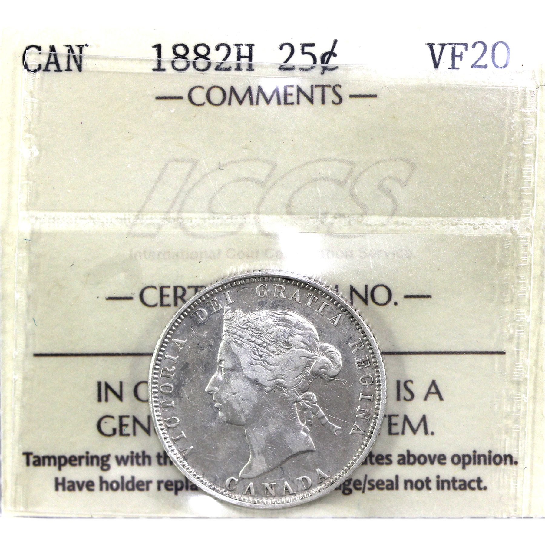 25-cent 1882H ICCS VF20