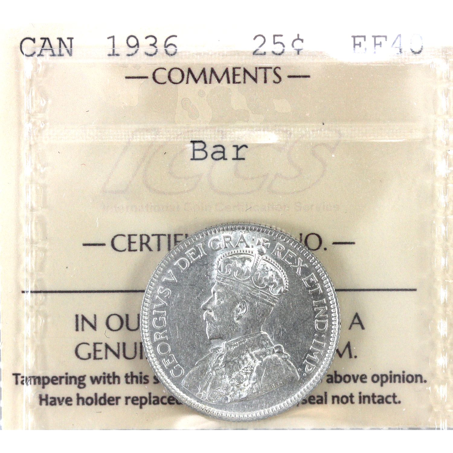 25-cent 1936 Bar ICCS EF40