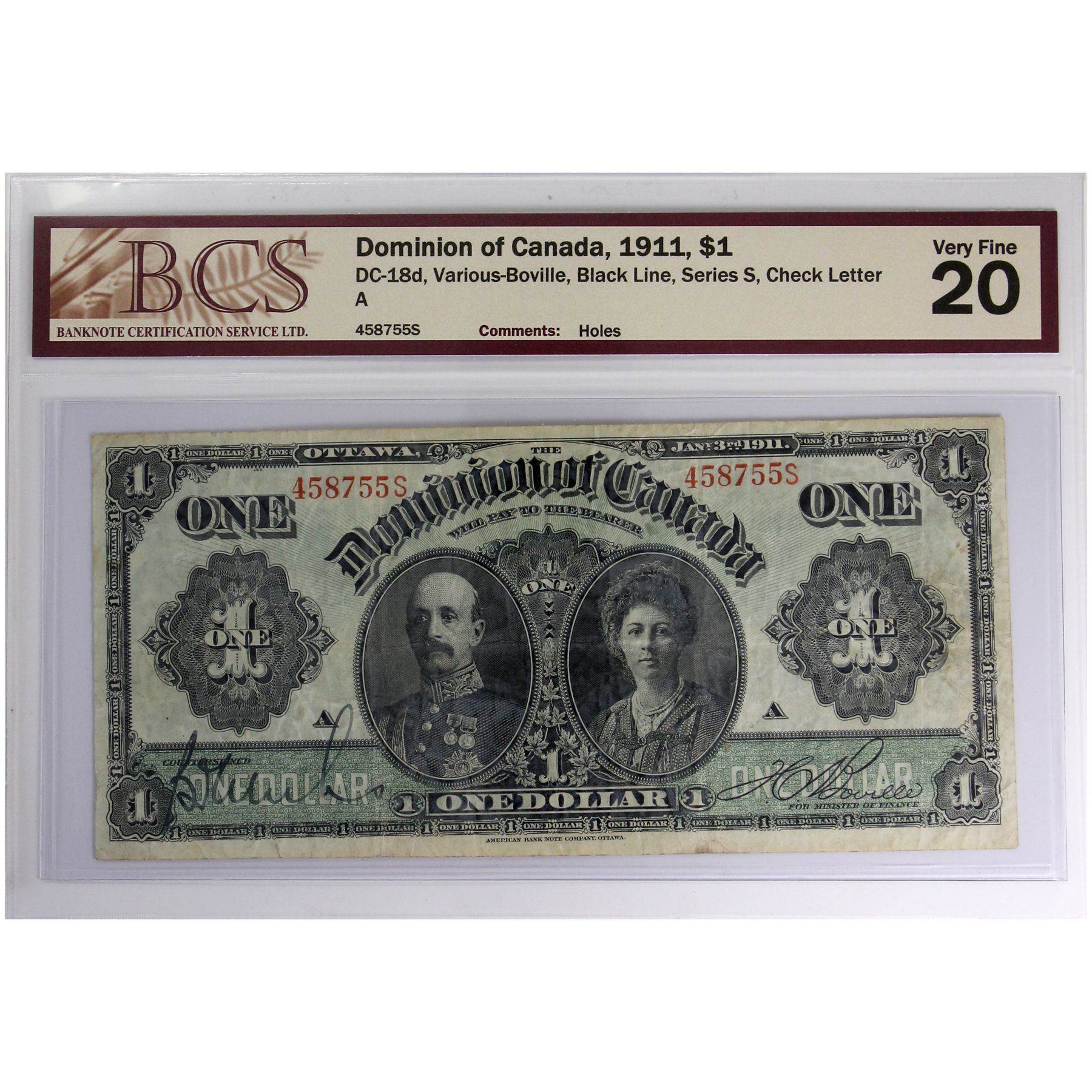 DC-18d 1911 $1 BCS VF20 Various-Boville, Black Line, Series S SN ...