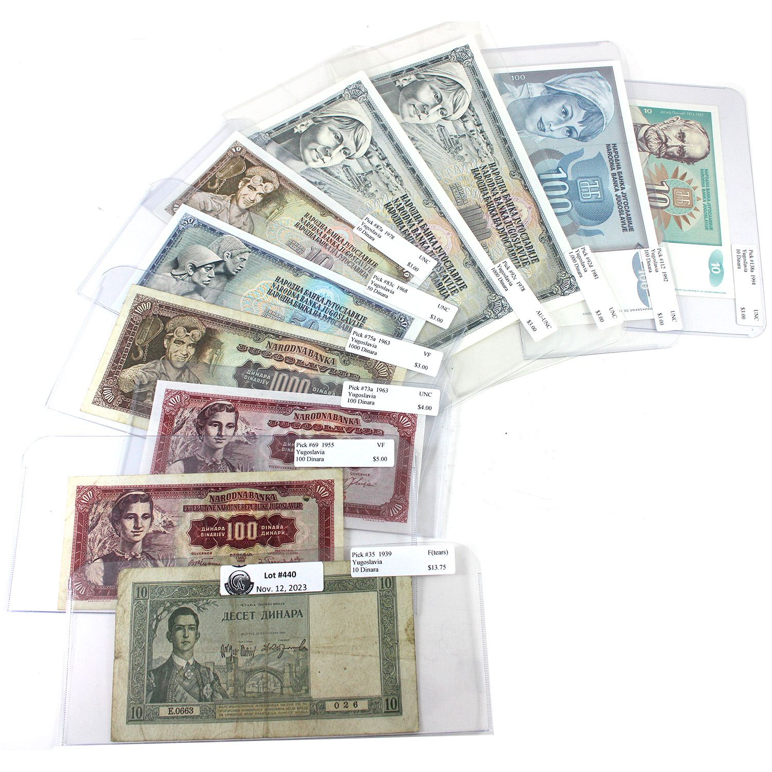 Lot of 10x 1939-1994 Yugoslavia Banknotes Fine to UNC. More than half ...