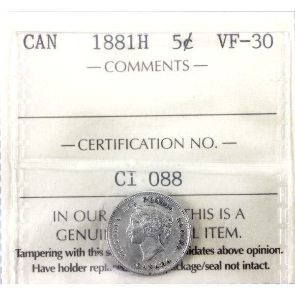 5-cent 1881H ICCS VF30