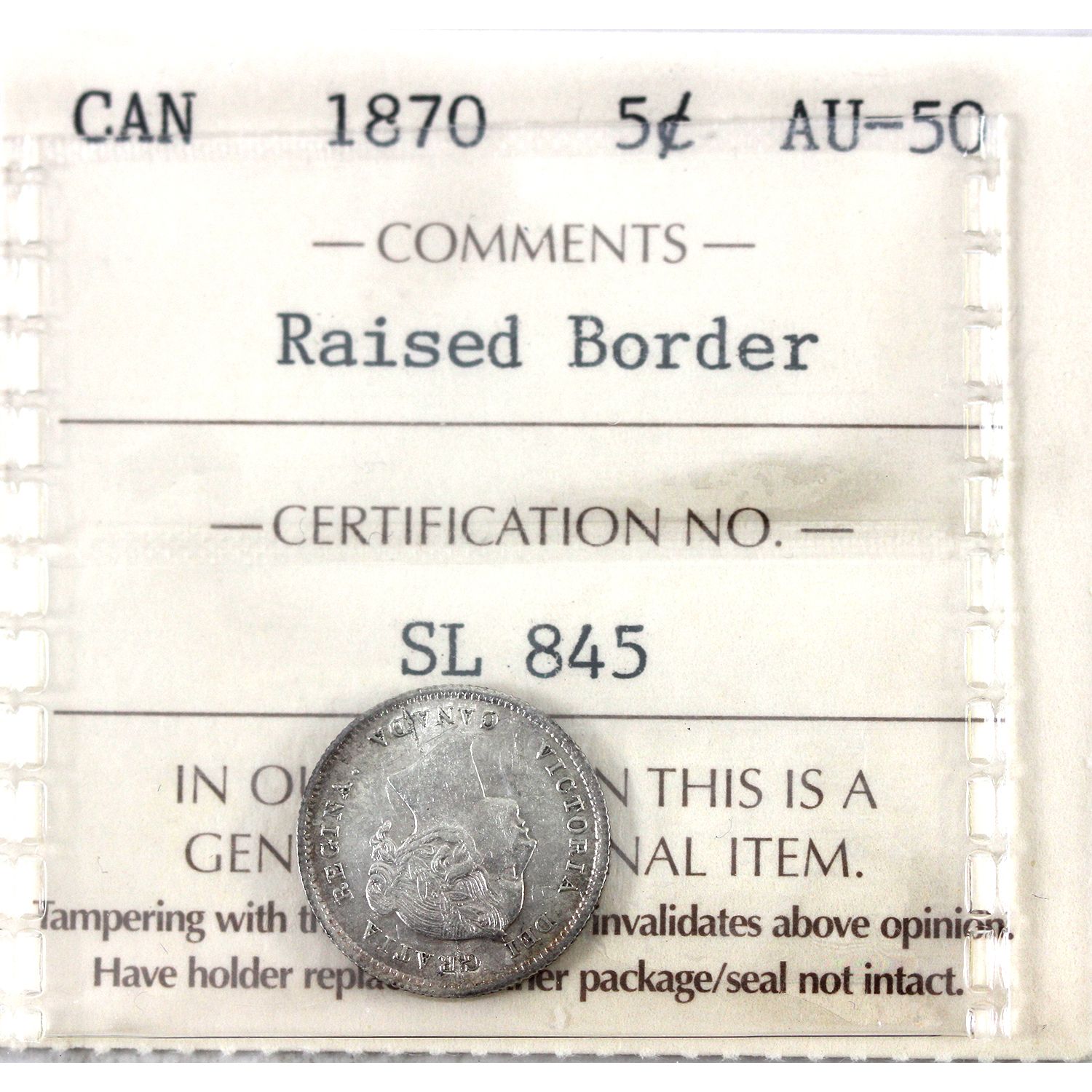 5-cent 1870 Raised Border ICCS AU50