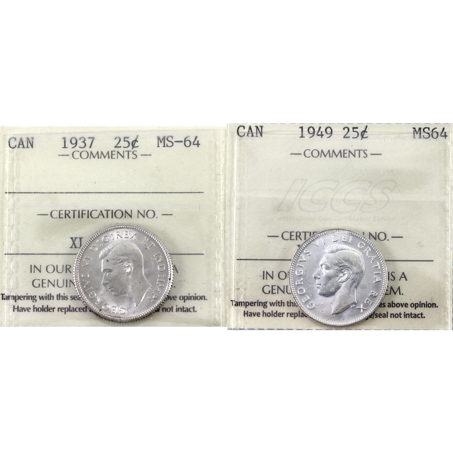 25-cent 1937 & 1949 ICCS MS64. 2pcs.