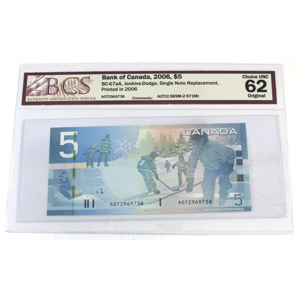 BC-67aA 2006 $5 Single Note Replacement BCS CUNC62 Original Jenkins ...