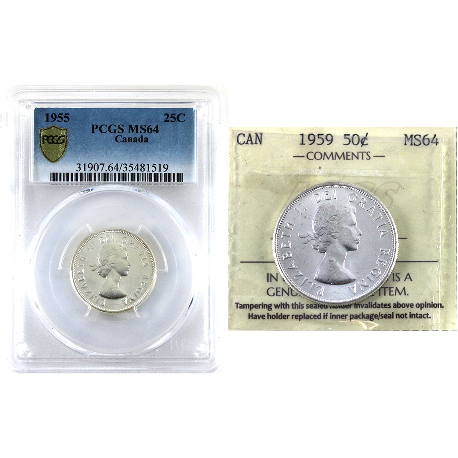 25-cent 1955 PCGS MS64 & 50-cent 1959 ICCS MS64. 2pcs