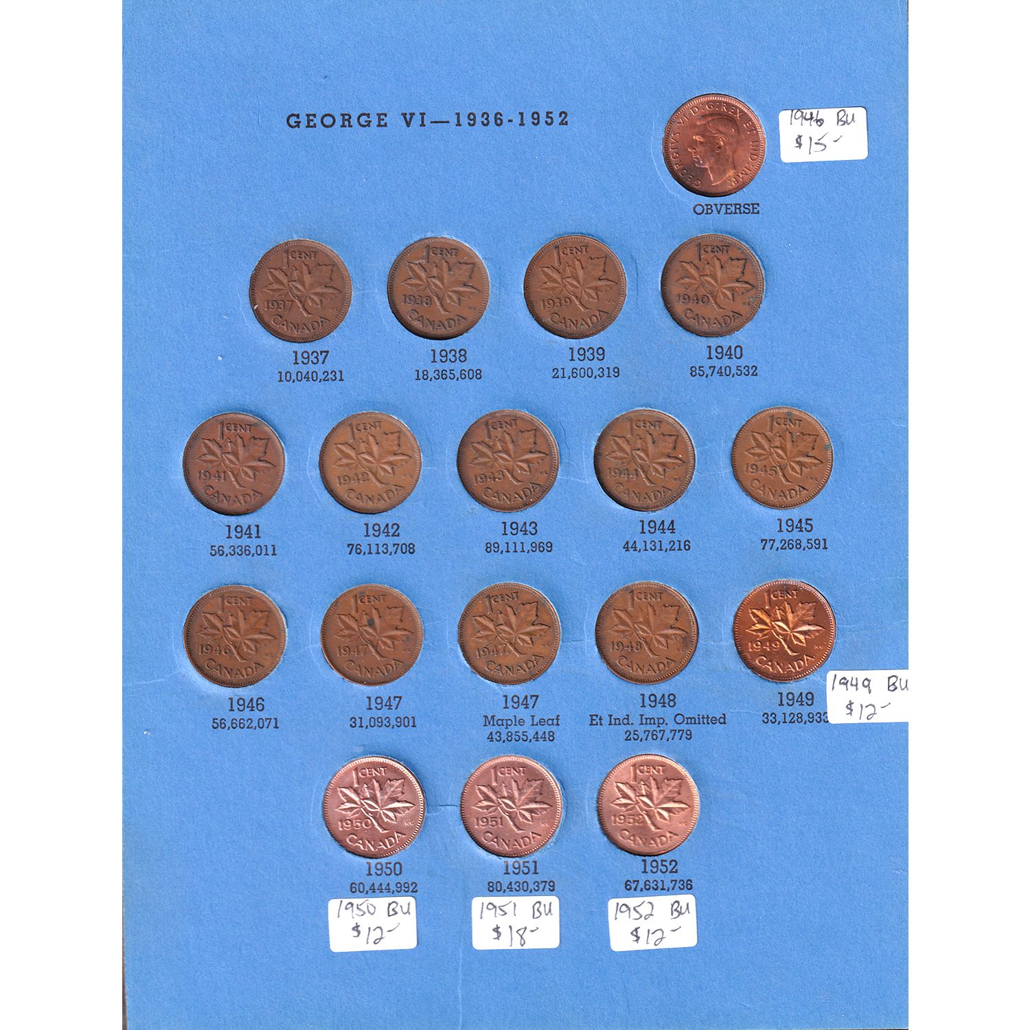 Small Cent Collection 1920-1972, Grades F to BU. 57 Coins Total!