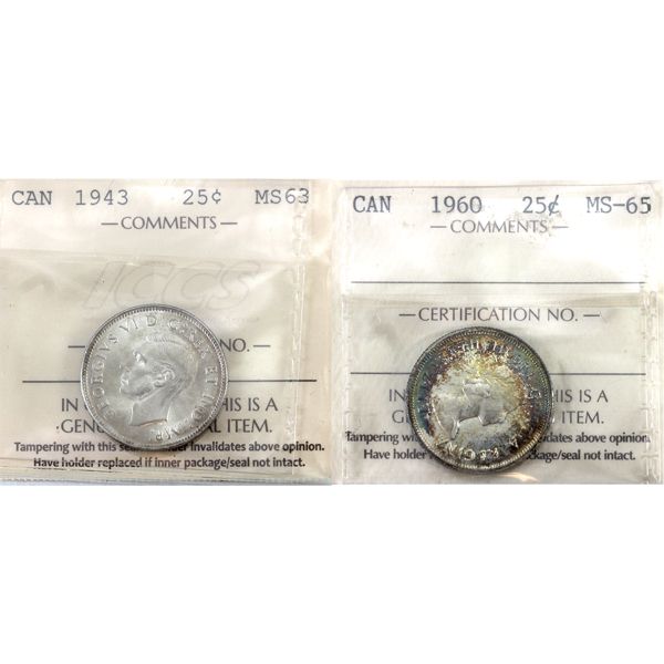25-cent 1943 MS63 & 1960 MS65 ICCS 2pcs.