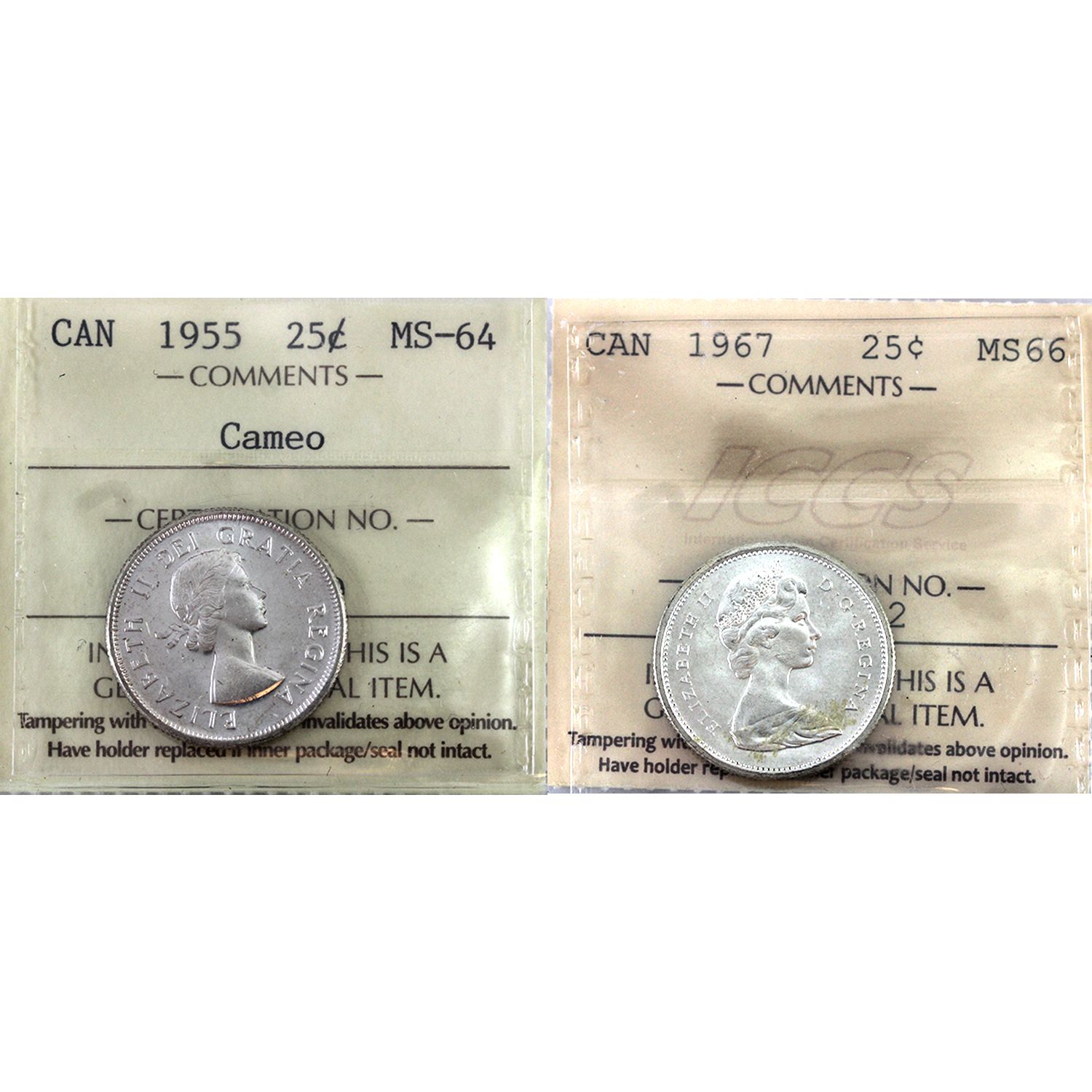 25-cent 1955 MS64 Cameo & 1967 MS66 ICCS. 2pcs.