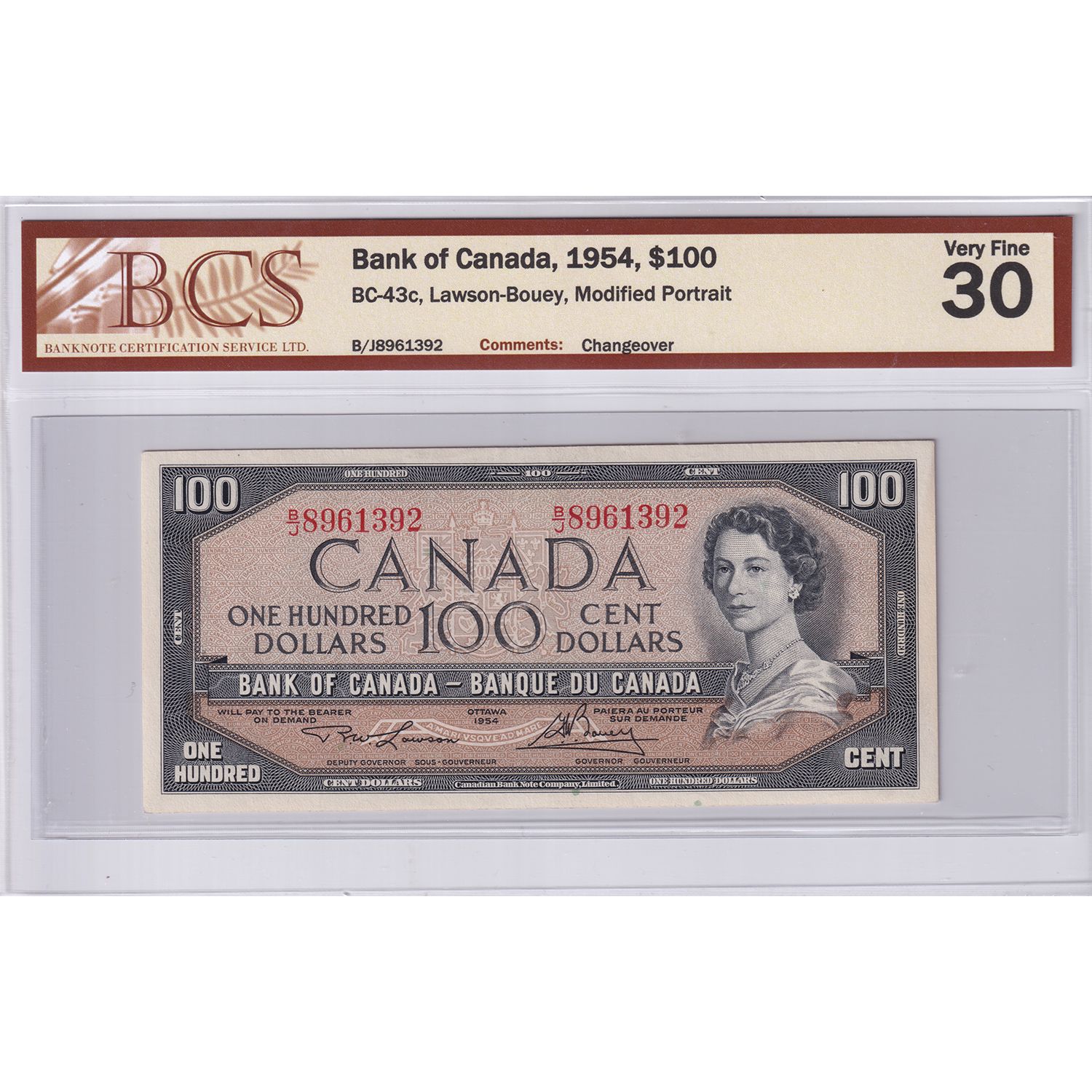 BC-43c 1954 $100 BCS VF30 Lawson-Bouey Changeover SN: B/J8961392